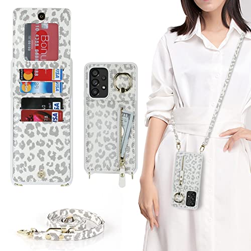 Jaorty Samsung Galaxy A53 5G Phone Case for Women with Card Holder,Samsung A53 Case Wallet Crossbody Lanyard with Strap,Credit Card Slots Kickstand Case with Ring Holder,6.5 Inch,White Leopard