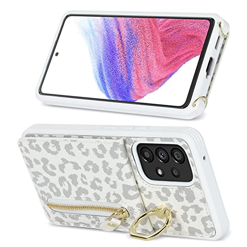 Jaorty Samsung Galaxy A53 5G Phone Case for Women with Card Holder,Samsung A53 Case Wallet Crossbody Lanyard with Strap,Credit Card Slots Kickstand Case with Ring Holder,6.5 Inch,White Leopard