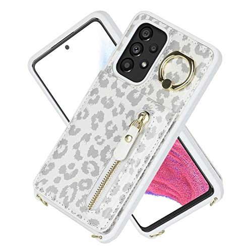 Jaorty Samsung Galaxy A53 5G Phone Case for Women with Card Holder,Samsung A53 Case Wallet Crossbody Lanyard with Strap,Credit Card Slots Kickstand Case with Ring Holder,6.5 Inch,White Leopard