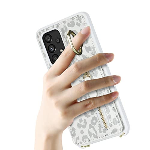 Jaorty Samsung Galaxy A53 5G Phone Case for Women with Card Holder,Samsung A53 Case Wallet Crossbody Lanyard with Strap,Credit Card Slots Kickstand Case with Ring Holder,6.5 Inch,White Leopard