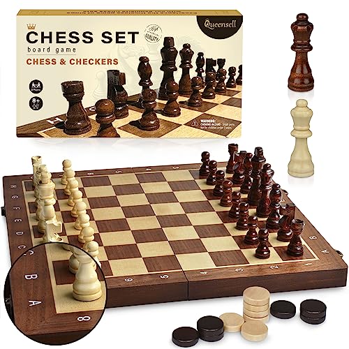 Chess Set – Chess Board for Adults and Kids – Magnetic Chess Set 2 in 1 – Chess and Checkers Board Game – 15” Magnetic Chess Board with Wooden Chess Pieces (Wooden Chess Set)