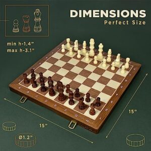 Chess Set – Chess Board for Adults and Kids – Magnetic Chess Set 2 in 1 – Chess and Checkers Board Game – 15” Magnetic Chess Board with Wooden Chess Pieces (Wooden Chess Set)