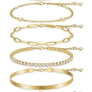 Gold Bracelets Sets for Women Girls, 14K Real Gold Plated Dainty Beaded Layered Bracelets, Simple Chain Tennis Bracelets Pack with Zirconia, Jewelry Gifts.