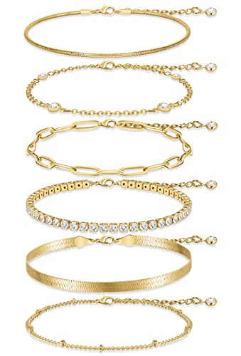 Gold Bracelets Sets for Women Girls, 14K Real Gold Plated Dainty Beaded Layered Bracelets, Simple Chain Tennis Bracelets Pack with Zirconia, Jewelry Gifts.