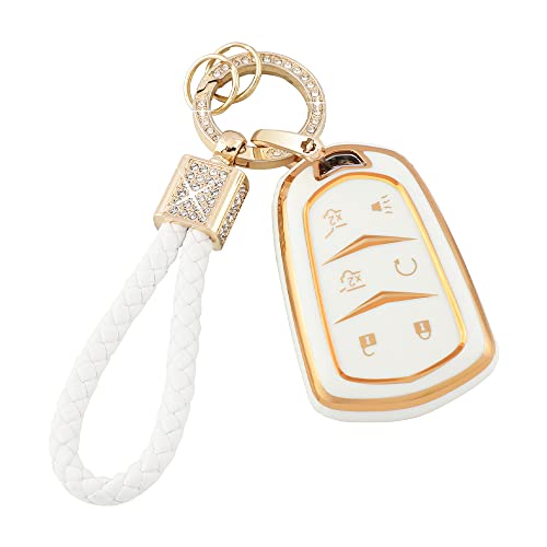 PIFOOG for Cadillac Escalade Key Fob Cover 2015 2016 2017 2018 2019 2020 Accessories 6 Buttons Keys Case Shell Full Covers Glitter Keychain Girly Women White Gold Soft TPU