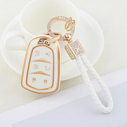 PIFOOG for Cadillac Escalade Key Fob Cover 2015 2016 2017 2018 2019 2020 Accessories 6 Buttons Keys Case Shell Full Covers Glitter Keychain Girly Women White Gold Soft TPU