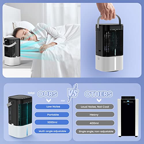 Portable Air Cooler Fan - Mini Desktop AC Cooler Fan with 2 Cool Mist & 3 Speeds, 7 Night LED Light & 3 Timer - Personal Air Conditioners Fan with Humidifier for Office, RV, Camping, Dorm Room