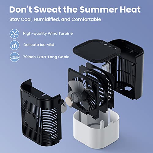 Portable Air Cooler Fan - Mini Desktop AC Cooler Fan with 2 Cool Mist & 3 Speeds, 7 Night LED Light & 3 Timer - Personal Air Conditioners Fan with Humidifier for Office, RV, Camping, Dorm Room