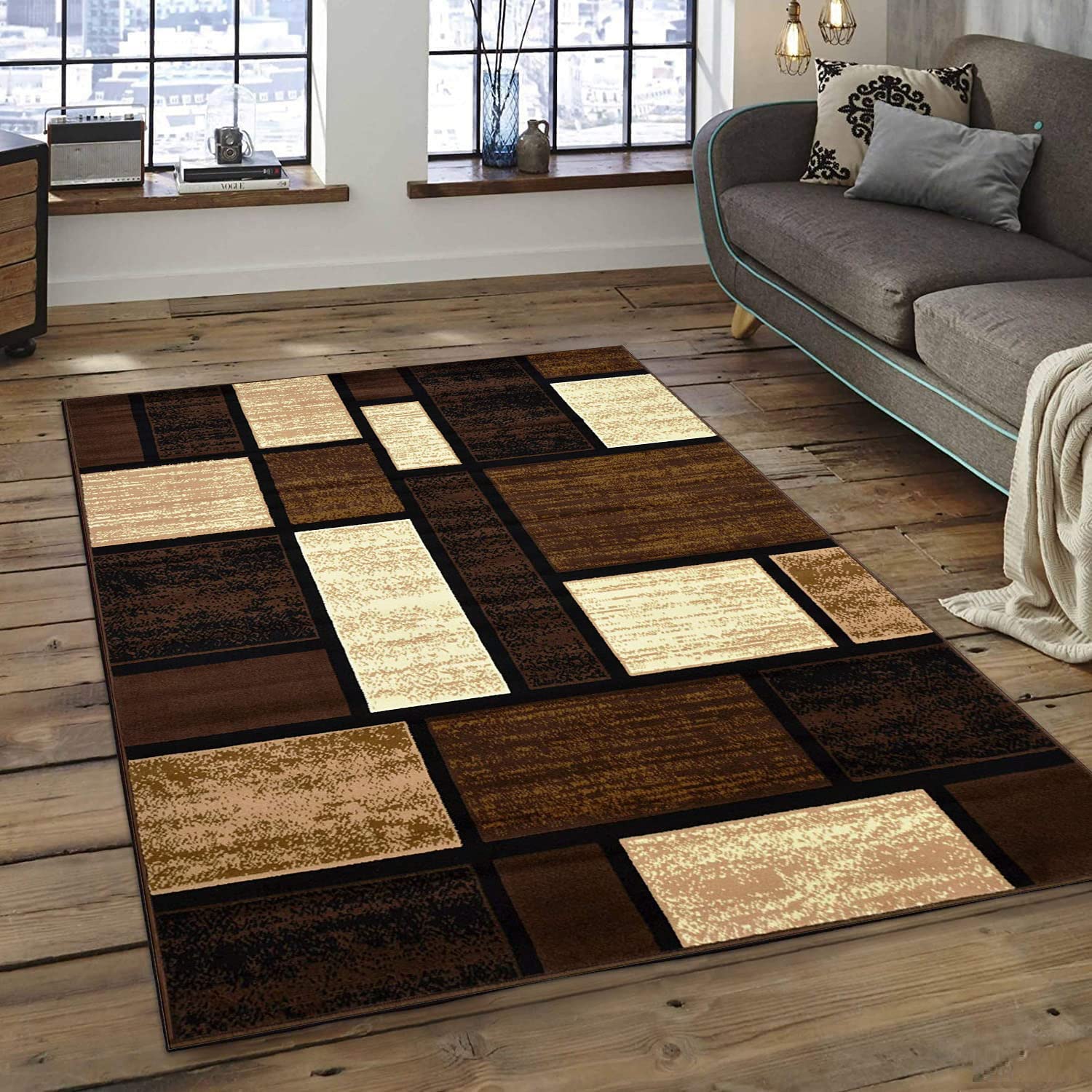 Champion Rugs Contemporary Modern Boxes Design Soft Indoor Area Rug Brown (8’ X 10’)