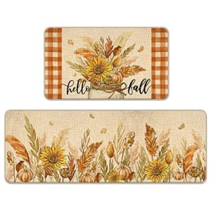 tailus hello fall sunflower pumpkin kitchen rugs set of 2, autumn harvest wheat mason jar kitchen mats decor, buffalo plaid check farmhouse floor door mat home decorations - 17x29 and 17x47 inch