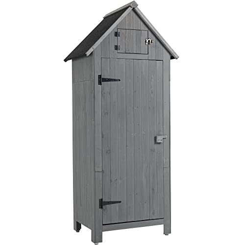 Wooden Garden Tool Storage Cabinet, Fir Wood Garden Storage Shed, Weather Resistant, Easy to Assemble, Storage Sheds Organizer for Home, Yard, Outdoor (Grey)