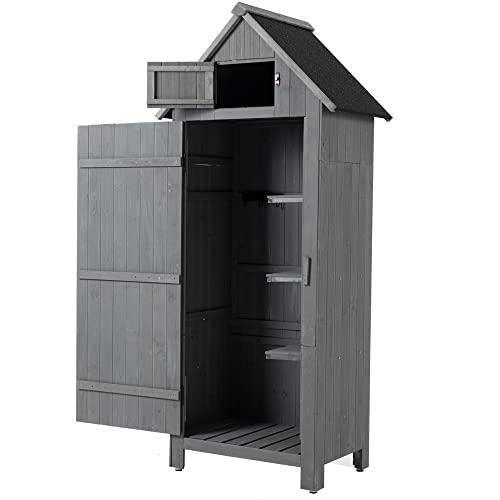 Wooden Garden Tool Storage Cabinet, Fir Wood Garden Storage Shed, Weather Resistant, Easy to Assemble, Storage Sheds Organizer for Home, Yard, Outdoor (Grey)