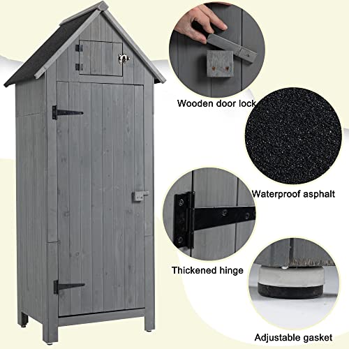 Wooden Garden Tool Storage Cabinet, Fir Wood Garden Storage Shed, Weather Resistant, Easy to Assemble, Storage Sheds Organizer for Home, Yard, Outdoor (Grey)