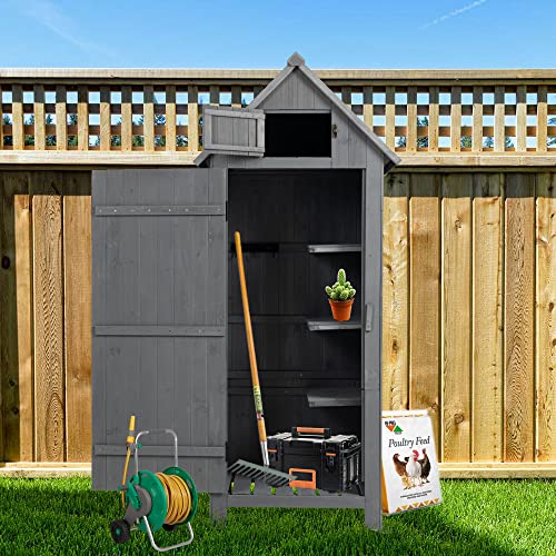 Wooden Garden Tool Storage Cabinet, Fir Wood Garden Storage Shed, Weather Resistant, Easy to Assemble, Storage Sheds Organizer for Home, Yard, Outdoor (Grey)