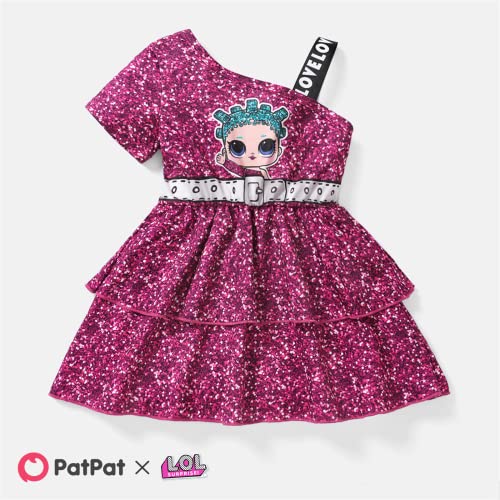 L.O.L. Surprise! Girls Tiered Dress Figure Print Layered One Shoulder Casual Dress Flowy Summer Dress Size 6-12 Deep Magenta 7-8 Years