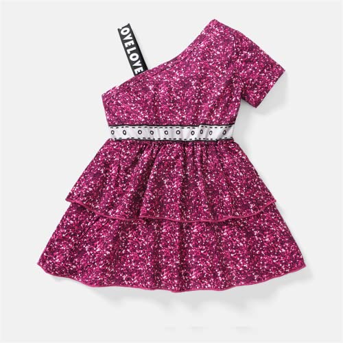 L.O.L. Surprise! Girls Tiered Dress Figure Print Layered One Shoulder Casual Dress Flowy Summer Dress Size 6-12 Deep Magenta 7-8 Years