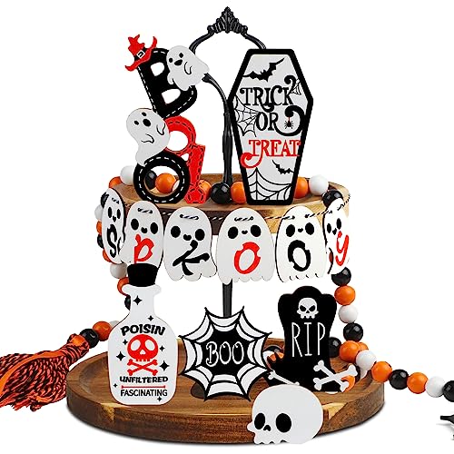 CCINEE 12Pcs Halloween Tiered Tray Decoration Set Halloween Farmhouse Decor Boo Ghost Halloween Wooden Signs Farmhouse Rustic Tiered Tray Decor for Home Table Houseroom Party Supplies