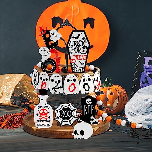 CCINEE 12Pcs Halloween Tiered Tray Decoration Set Halloween Farmhouse Decor Boo Ghost Halloween Wooden Signs Farmhouse Rustic Tiered Tray Decor for Home Table Houseroom Party Supplies