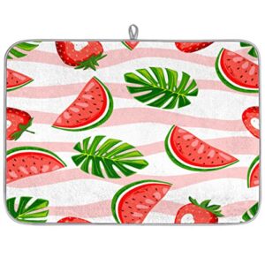 watermelon pink stripes kitchen drying mat 18 x 24 inch - reversible super absorbent fiber dish drying pad with non-slip backing for countertop tea coffee bar accessories