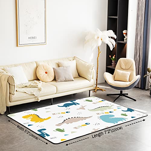 jejeloiu Cute Dinosaur Area Rug Cartoon Cactus Rugs for Living Room Set Decor Jungle Dino Boho Succulent Decorative Carpet Set Wild Animal Pattern Yellow Grey Indoor Floor Mat Bedroom Accent Rug 5X7