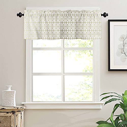 Amaze-Home Curtain Valances for Windows, White Gold Line Window Valances, Geometric Window Treatment Rod Pocket Valance Curtains for Kitchen/Bedroom/Bathroom 42x12 inch, 1 Panel