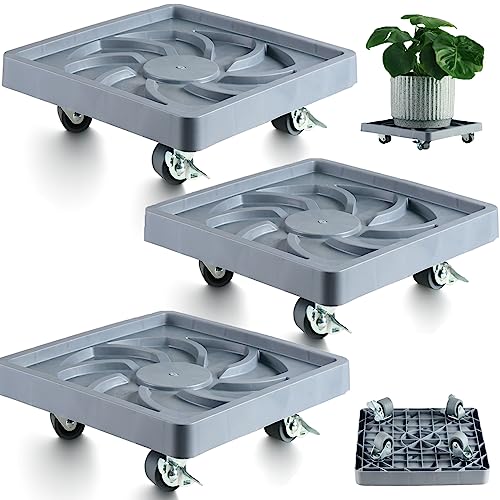 KvyusFlourish 3 Pack Plant Caddy with Wheels 12" Plant Stand Potted Plant Mover Heavy Duty Plant Dolly with Casters for Indoor and Outdoor Large Plant Roller Base Rolling Plant Dolly, Grey