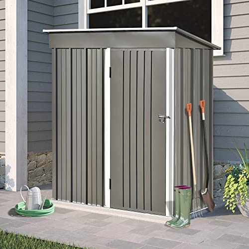 Tensun 5.3' x 2.8' x 6'Garden Shed with Ground Base, Metal Lean-to Storage Shed with Adjustable Shelf and Lockable Door, Tool Cabinet for Backyard, Lawn, Garden, Grey