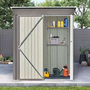 Tensun 5.3' x 2.8' x 6'Garden Shed with Ground Base, Metal Lean-to Storage Shed with Adjustable Shelf and Lockable Door, Tool Cabinet for Backyard, Lawn, Garden, Grey