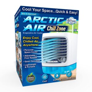 arctic air chill zone evaporative cooler with hydro-chill technology, portable fan with 4 adjustable speeds, 8-hour cooling, fan for bedroom, living room, basement, office & more