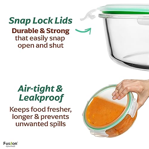 Fusion Gourmet 6 pc Round Glass Food Storage Containers with Lids - Leakproof Meal Prep Container Set (3 Large & 3 Small, Green)