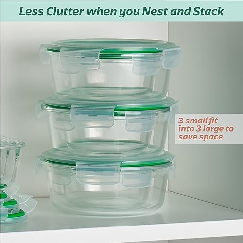 Fusion Gourmet 6 pc Round Glass Food Storage Containers with Lids - Leakproof Meal Prep Container Set (3 Large & 3 Small, Green)