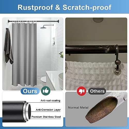 Matte Black Shower Curtain Rod - 28 to 48" Adjustable Non Slip Shower Rod Wall Mounted for Bathroom,Closet,Kitchen - Rustic Industrial Curtain Rod