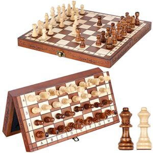 syrace magnetic chess & checkers set board games, kids and adults wooden foldable hand carved portable travel chess board game sets with game pieces & storage slots 15.74"