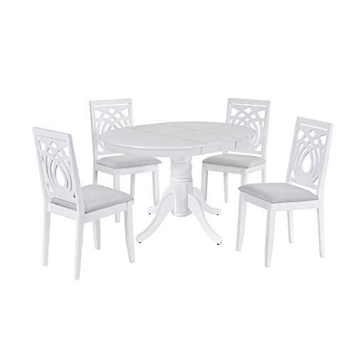 Harper & Bright Designs 5-Piece Mid-Century Dining Table Set, Solid Wood Extendable Round Dining Table with 4 Upholstered Chairs, Dining Room Kitchen Table Chairs Set, White