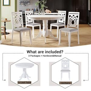 Harper & Bright Designs 5-Piece Mid-Century Dining Table Set, Solid Wood Extendable Round Dining Table with 4 Upholstered Chairs, Dining Room Kitchen Table Chairs Set, White