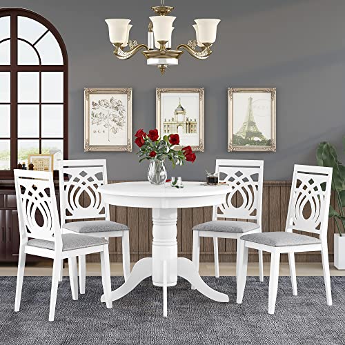 Harper & Bright Designs 5-Piece Mid-Century Dining Table Set, Solid Wood Extendable Round Dining Table with 4 Upholstered Chairs, Dining Room Kitchen Table Chairs Set, White