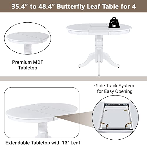 Harper & Bright Designs 5-Piece Mid-Century Dining Table Set, Solid Wood Extendable Round Dining Table with 4 Upholstered Chairs, Dining Room Kitchen Table Chairs Set, White