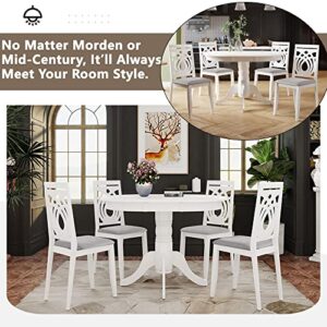 Harper & Bright Designs 5-Piece Mid-Century Dining Table Set, Solid Wood Extendable Round Dining Table with 4 Upholstered Chairs, Dining Room Kitchen Table Chairs Set, White