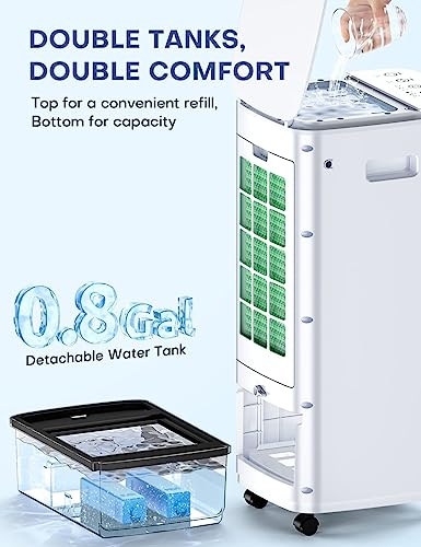 Evaporative Air Cooler, BALKO 3-IN-1 Windowless Swamp Cooler w/ 0.8 Gal Detachable Water Tank, 7H Timer & Remote, 4 Ice Pack, 70° Oscillation, Ductless Air Conditioner Portable for Room Indoor Office