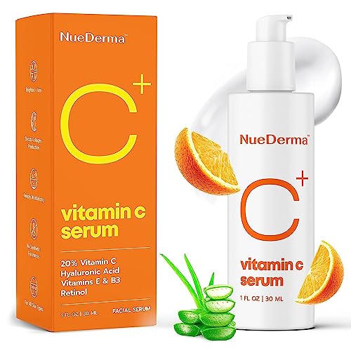 NueDerma Vitamin C Serum For Face Anti Aging, Brightening, Retinol, Aloe, Hyaluronic Acid, Vitamins E, B3. Boosts Collagen