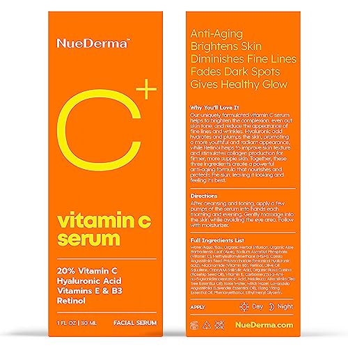 NueDerma Vitamin C Serum For Face Anti Aging, Brightening, Retinol, Aloe, Hyaluronic Acid, Vitamins E, B3. Boosts Collagen