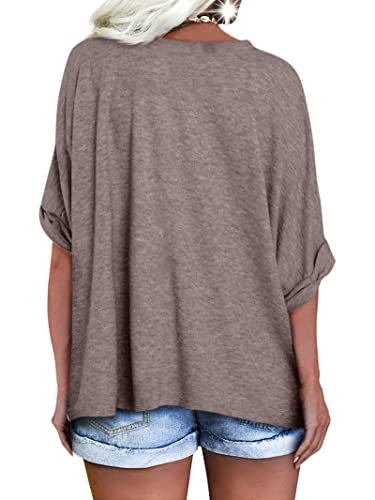 Langwyqu Women's Oversized T Shirts V Neck Short Sleeve Summer Casual Loose Tops Tees Brown