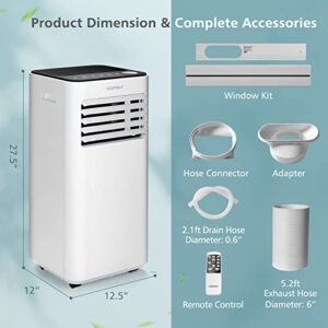 COSTWAY 8000 BTU Portable Air Conditioner, with Fan & Dehumidifier Mode, Quiet AC Unit with Sleep Mode, 2 Speeds, 24H Timer, LED Display, Remote Control, Cool Rooms up to 250 Sq.Ft (White-8000BTU)