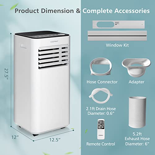 COSTWAY 8000 BTU Portable Air Conditioner, with Fan & Dehumidifier Mode, Quiet AC Unit with Sleep Mode, 2 Speeds, 24H Timer, LED Display, Remote Control, Cool Rooms up to 250 Sq.Ft (White-8000BTU)