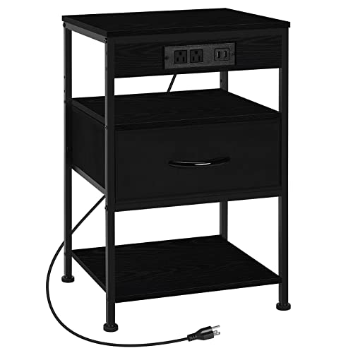 NORCEESAN Black Nightstand with Charging Station, Bed Side Table with USB Ports & AC Outlets, Small End Bedside Tables with Drawer Charging Night Stand 3 Tier Table for Bedroom Living Room Farmhouse