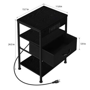 NORCEESAN Black Nightstand with Charging Station, Bed Side Table with USB Ports & AC Outlets, Small End Bedside Tables with Drawer Charging Night Stand 3 Tier Table for Bedroom Living Room Farmhouse