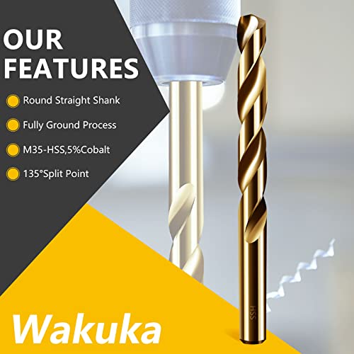 Wakuka Cobalt Drill Bit Set- 29Pcs M35 High Speed Steel Twist Jobber Length for Hardened Metal, Stainless Steel, Cast Iron and Wood Plastic with Metal Indexed Storage Case, 1/16"-1/2"