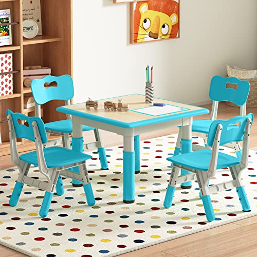 wanan Kids Table and Chair Set, Height Adjustable Toddler Table and 4 Chairs Set, Kids Table for Playing, Drawing, Eating, Studying, Easy to Clean Arts & Crafts Table for Ages 2-10 (Light Blue)