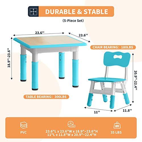 wanan Kids Table and Chair Set, Height Adjustable Toddler Table and 4 Chairs Set, Kids Table for Playing, Drawing, Eating, Studying, Easy to Clean Arts & Crafts Table for Ages 2-10 (Light Blue)