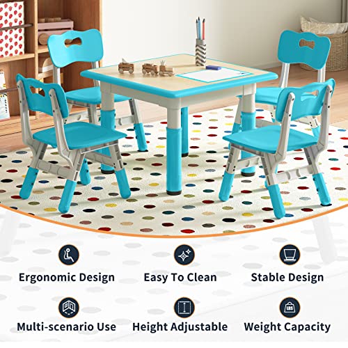 wanan Kids Table and Chair Set, Height Adjustable Toddler Table and 4 Chairs Set, Kids Table for Playing, Drawing, Eating, Studying, Easy to Clean Arts & Crafts Table for Ages 2-10 (Light Blue)